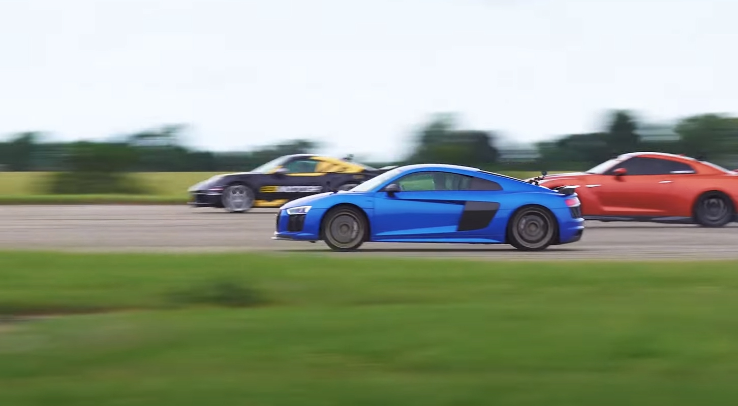 Τρία πειραγμένα αυτοκίνητα στο 400άρι Porsche 911 Turbo S Vs Audi R8 Vs Nissan Gt R Video